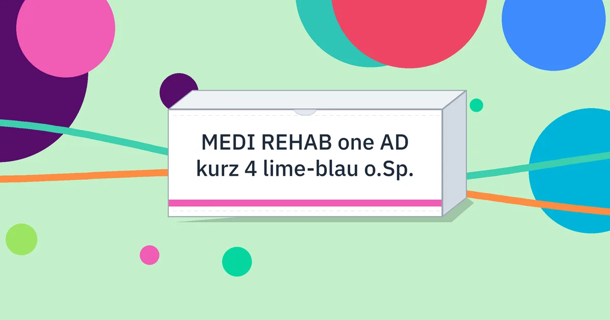 Symbolbild: Packung mit der Aufschrift MEDI REHAB one AD kurz 4 lime-blau o.Sp. (PZN 18898183) – Verfügbarkeit und Bezug in Apotheken in Frankfurt am Main