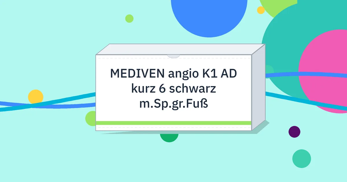 Symbolbild: Packung mit der Aufschrift MEDIVEN angio K1 AD kurz 6 schwarz m.Sp.gr.Fuß (PZN 17210575) – Verfügbarkeit und Bezug in Apotheken in Frankfurt am Main