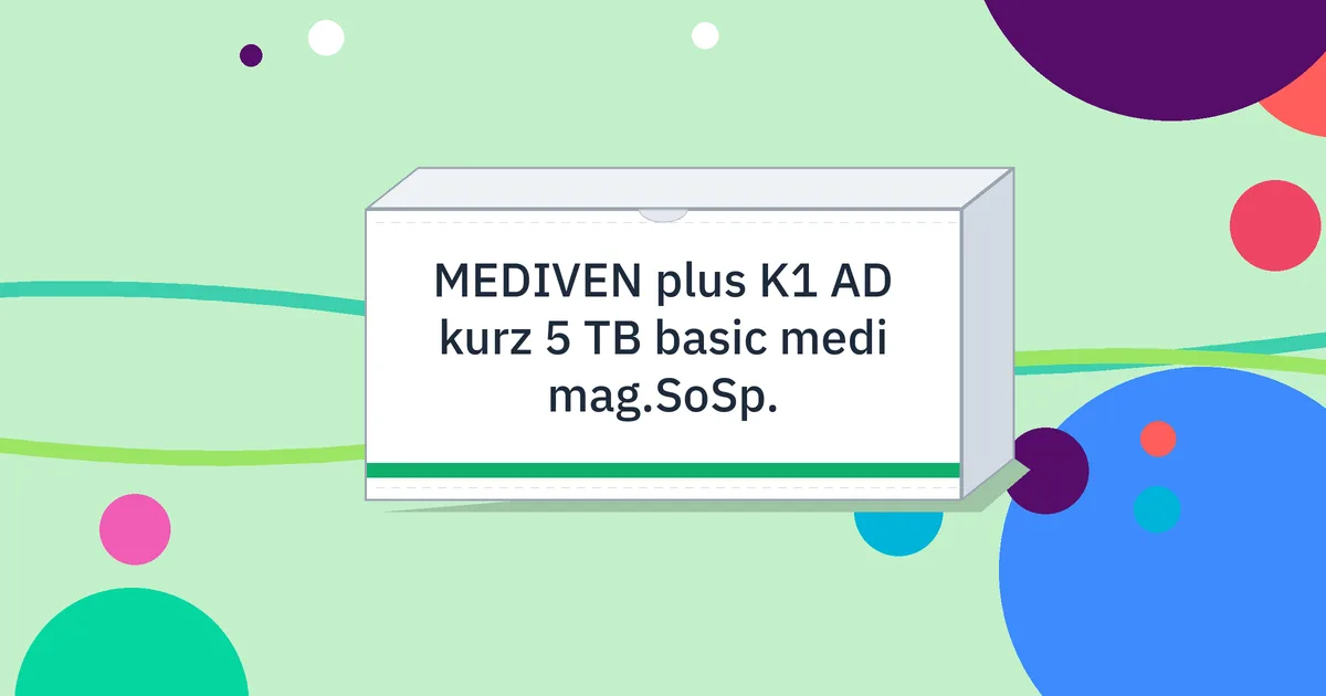 Symbolbild: Packung mit der Aufschrift MEDIVEN plus K1 AD kurz 5 TB basic medi mag.SoSp. (PZN 15045830) – Verfügbarkeit und Bezug in Apotheken in Frankfurt am Main