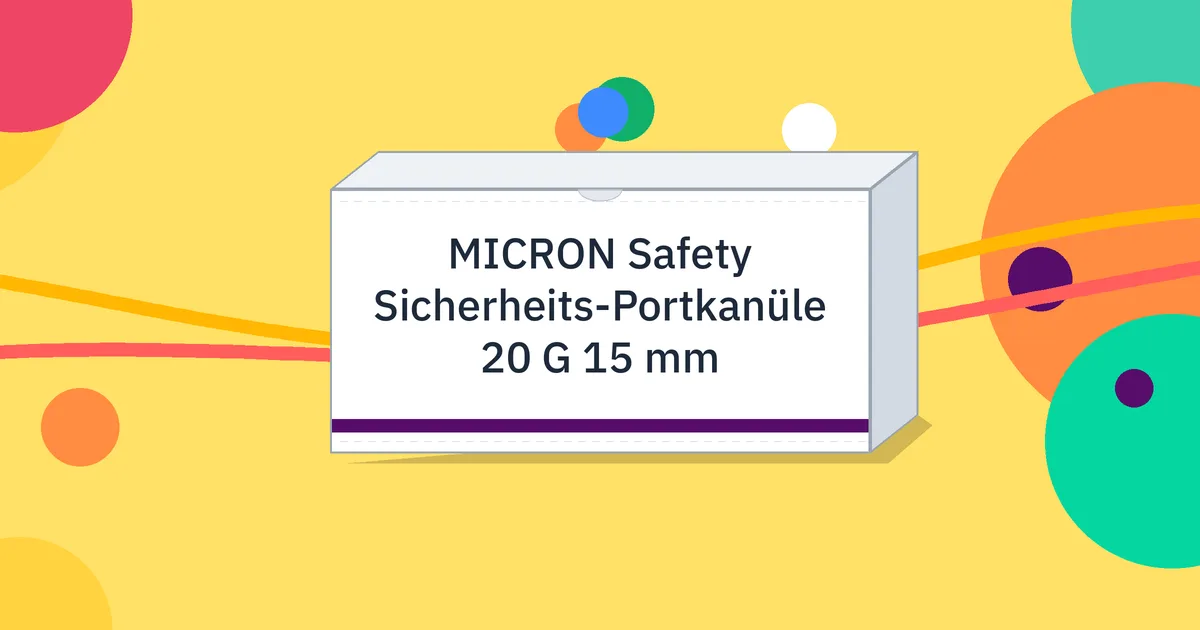 Symbolbild: Packung mit der Aufschrift MICRON Safety Sicherheits-Portkanüle 20 G 15 mm (PZN 19113267) – Verfügbarkeit und Bezug in Apotheken in Frankfurt am Main