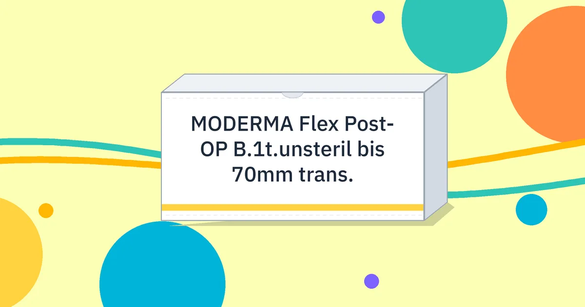 Symbolbild: Packung mit der Aufschrift MODERMA Flex Post-OP B.1t.unsteril bis 70mm trans. (PZN 04195584) – Verfügbarkeit und Bezug in Apotheken in Frankfurt am Main
