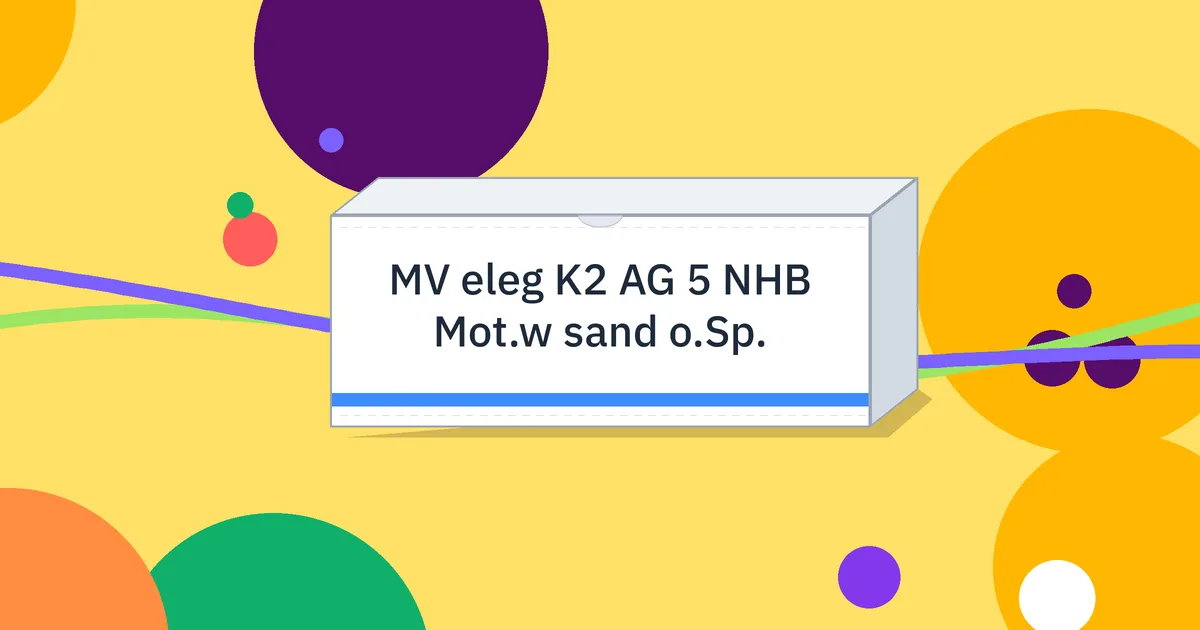 Symbolbild: Packung mit der Aufschrift MV eleg K2 AG 5 NHB Mot.w sand o.Sp. (PZN 18931360) – Verfügbarkeit und Bezug in Apotheken in Frankfurt am Main