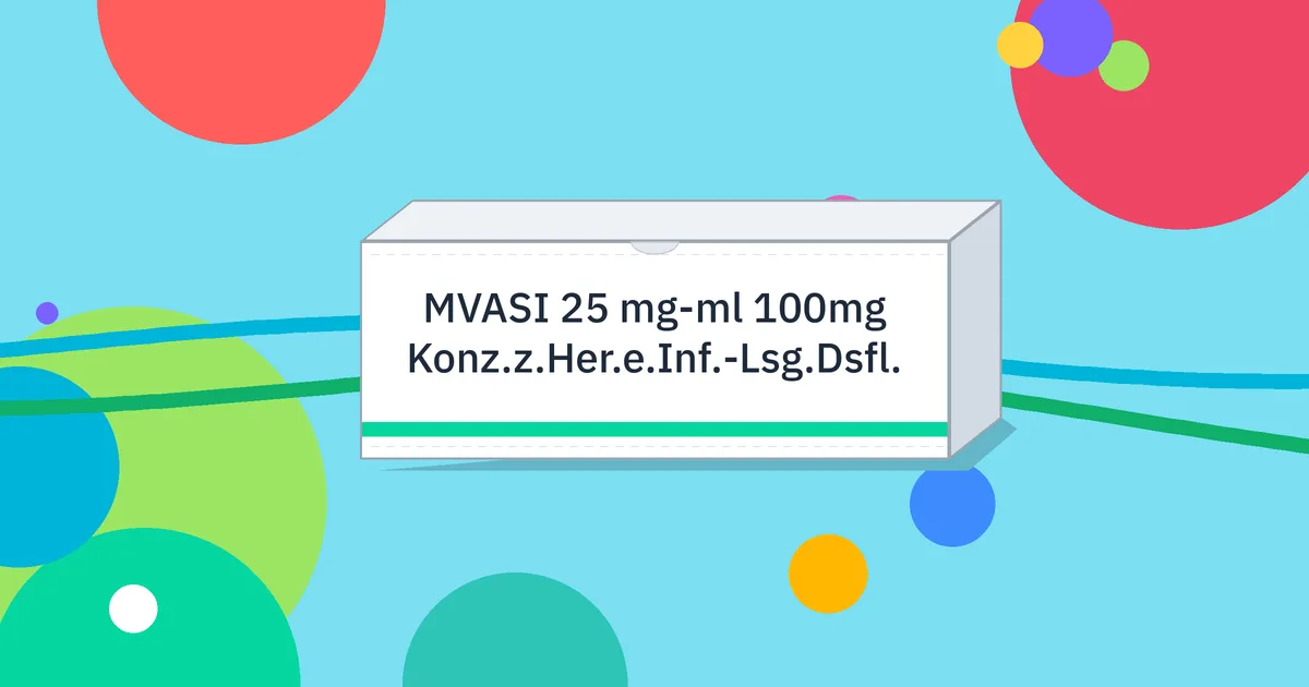 Symbolbild: Packung mit der Aufschrift MVASI 25 mg-ml 100mg Konz.z.Her.e.Inf.-Lsg.Dsfl. (PZN 18116619) – Verfügbarkeit und Bezug in Apotheken in Frankfurt am Main