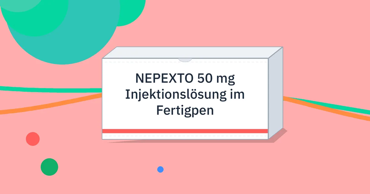 Symbolbild: Packung mit der Aufschrift NEPEXTO 50 mg Injektionslösung im Fertigpen (PZN 15862871) – Verfügbarkeit und Bezug in Apotheken in Frankfurt am Main