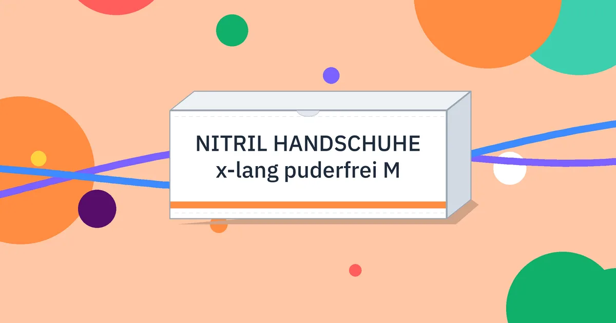 Symbolbild: Packung mit der Aufschrift NITRIL HANDSCHUHE x-lang puderfrei M (PZN 04650858) – Verfügbarkeit und Bezug in Apotheken in Frankfurt am Main