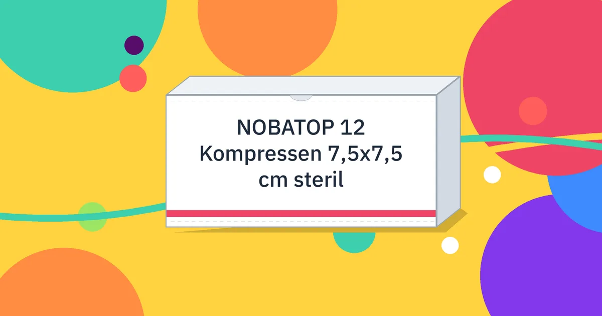 Symbolbild: Packung mit der Aufschrift NOBATOP 12 Kompressen 7,5x7,5 cm steril (PZN 16259800) – Verfügbarkeit und Bezug in Apotheken in Frankfurt am Main