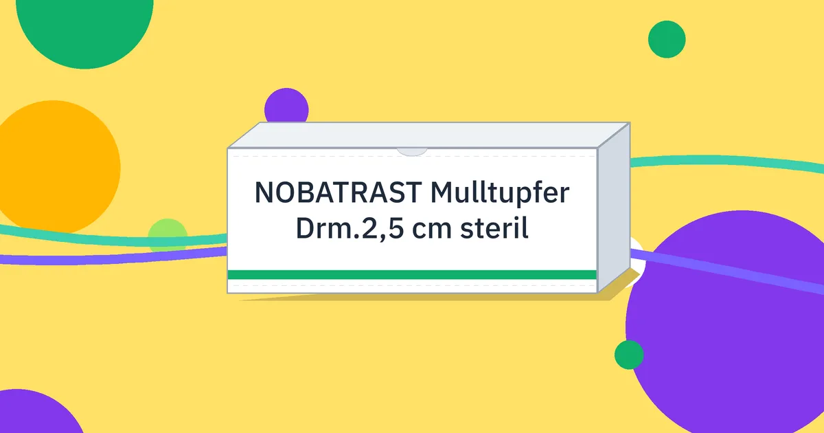 Symbolbild: Packung mit der Aufschrift NOBATRAST Mulltupfer Drm.2,5 cm steril (PZN 09327435) – Verfügbarkeit und Bezug in Apotheken in Frankfurt am Main