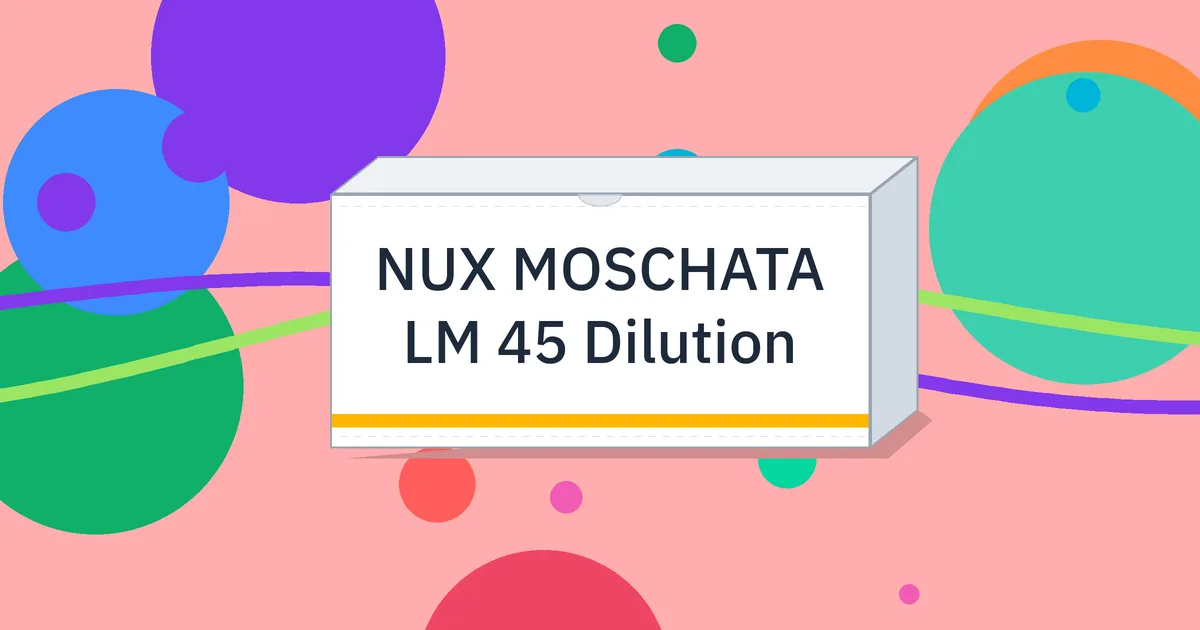 Symbolbild: Packung mit der Aufschrift NUX MOSCHATA LM 45 Dilution (PZN 12970206) – Verfügbarkeit und Bezug in Apotheken in Frankfurt am Main