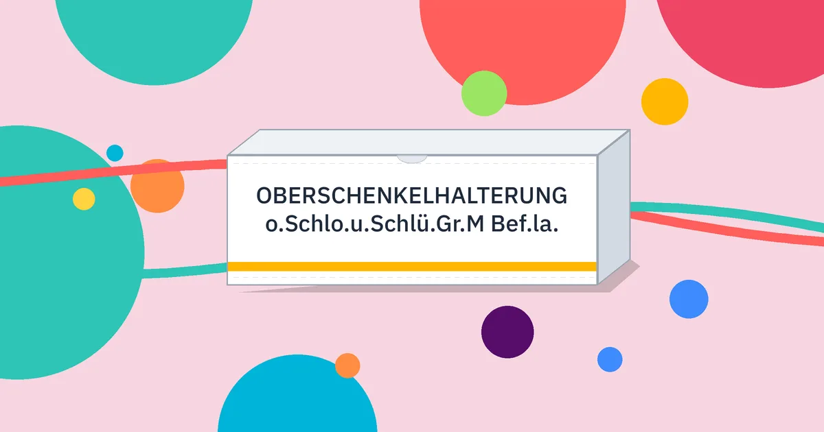 Symbolbild: Packung mit der Aufschrift OBERSCHENKELHALTERUNG o.Schlo.u.Schlü.Gr.M Bef.la. (PZN 14298345) – Verfügbarkeit und Bezug in Apotheken in Frankfurt am Main