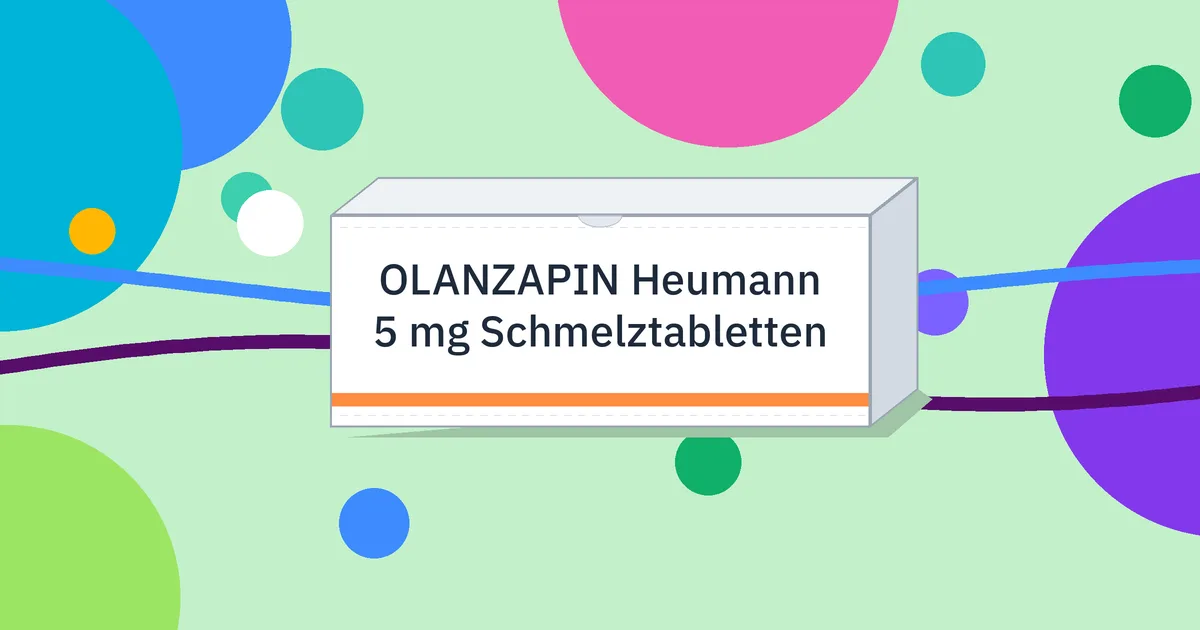 Symbolbild: Packung mit der Aufschrift OLANZAPIN Heumann 5 mg Schmelztabletten (PZN 08850413) – Verfügbarkeit und Bezug in Apotheken in Frankfurt am Main