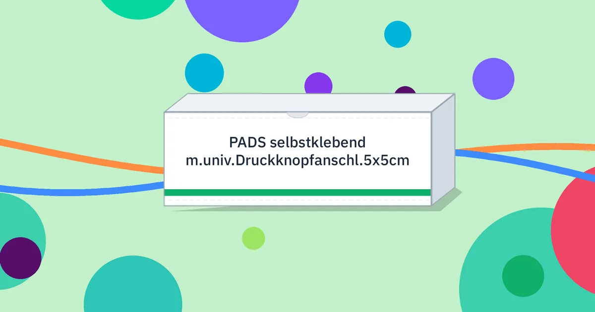 Symbolbild: Packung mit der Aufschrift PADS selbstklebend m.univ.Druckknopfanschl.5x5cm (PZN 17871621) – Verfügbarkeit und Bezug in Apotheken in Frankfurt am Main