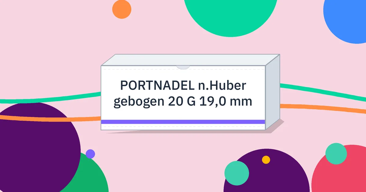 Symbolbild: Packung mit der Aufschrift PORTNADEL n.Huber gebogen 20 G 19,0 mm (PZN 00108200) – Verfügbarkeit und Bezug in Apotheken in Frankfurt am Main
