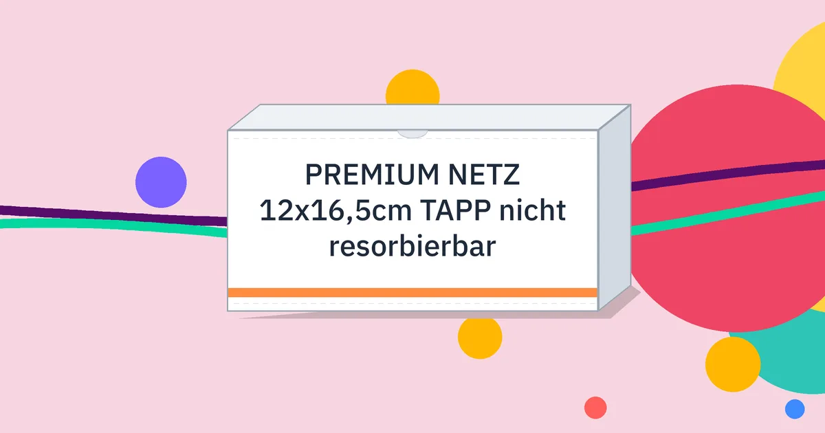 Symbolbild: Packung mit der Aufschrift PREMIUM NETZ 12x16,5cm TAPP nicht resorbierbar (PZN 19505062) – Verfügbarkeit und Bezug in Apotheken in Frankfurt am Main