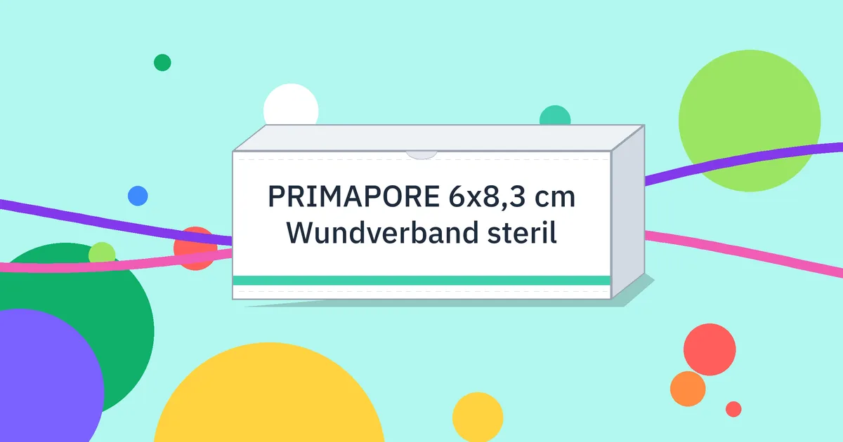 Symbolbild: Packung mit der Aufschrift PRIMAPORE 6x8,3 cm Wundverband steril (PZN 18769238) – Verfügbarkeit und Bezug in Apotheken in Frankfurt am Main