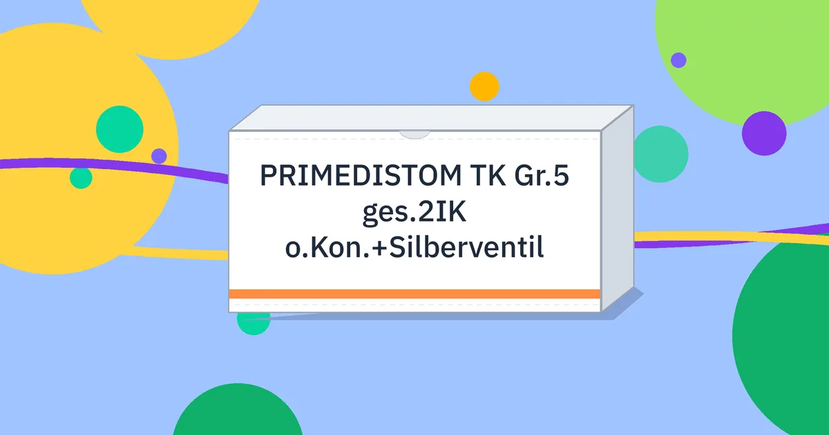 Symbolbild: Packung mit der Aufschrift PRIMEDISTOM TK Gr.5 ges.2IK o.Kon.+Silberventil (PZN 10229755) – Verfügbarkeit und Bezug in Apotheken in Frankfurt am Main