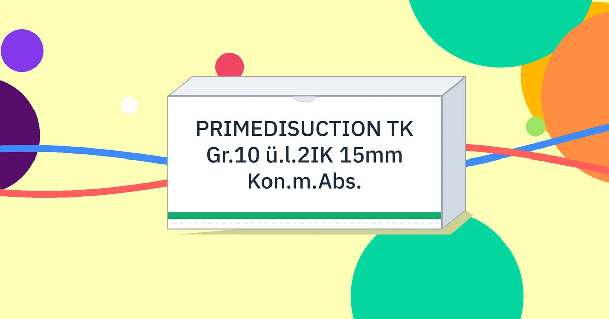 Symbolbild: Packung mit der Aufschrift PRIMEDISUCTION TK Gr.10 ü.l.2IK 15mm Kon.m.Abs. (PZN 11375921) – Verfügbarkeit und Bezug in Apotheken in Frankfurt am Main