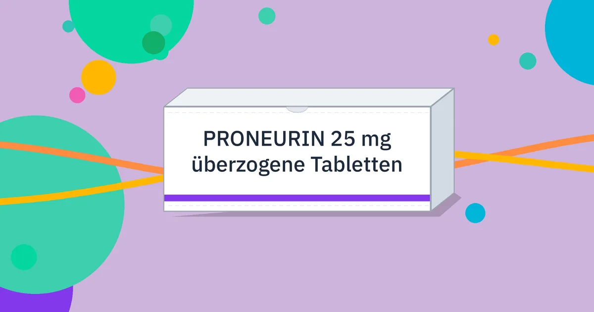 Symbolbild: Packung mit der Aufschrift PRONEURIN 25 mg überzogene Tabletten (PZN 08668341) – Verfügbarkeit und Bezug in Apotheken in Frankfurt am Main