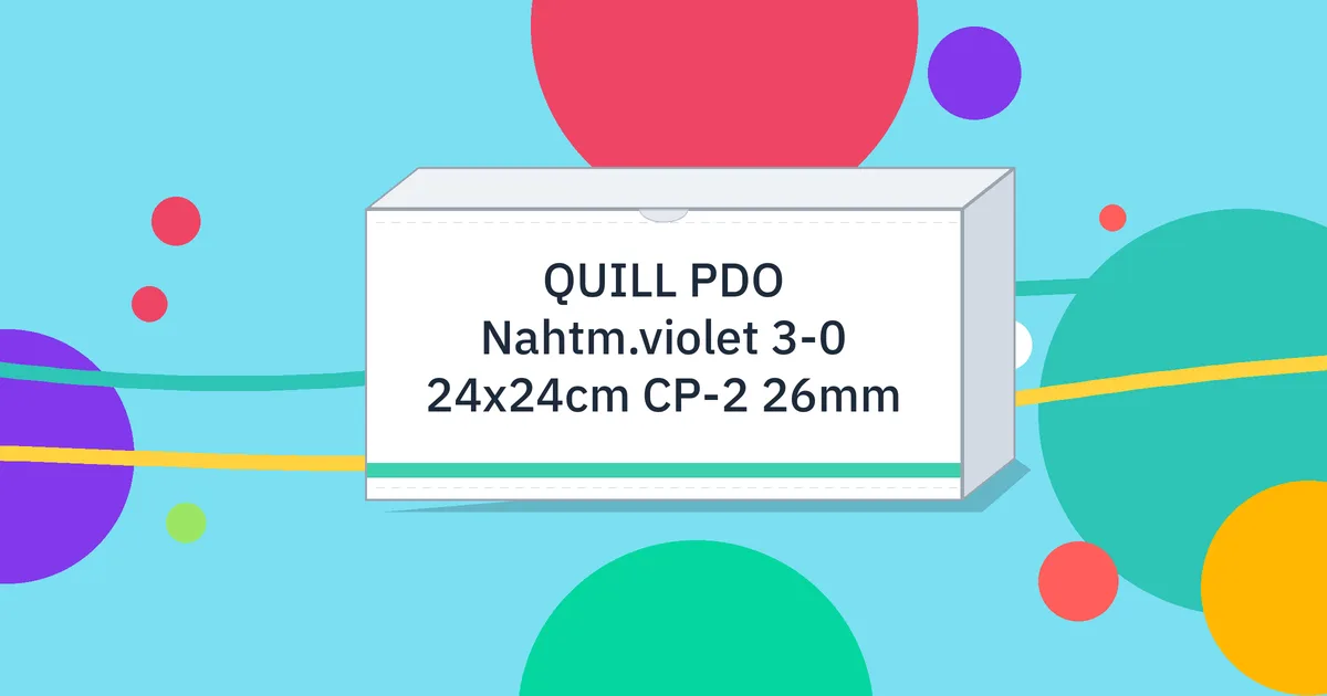 Symbolbild: Packung mit der Aufschrift QUILL PDO Nahtm.violet 3-0 24x24cm CP-2 26mm (PZN 17989624) – Verfügbarkeit und Bezug in Apotheken in Frankfurt am Main