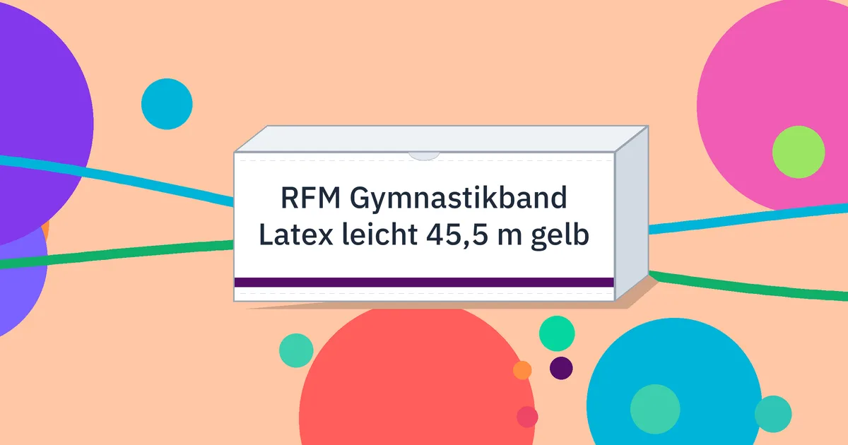 Symbolbild: Packung mit der Aufschrift RFM Gymnastikband Latex leicht 45,5 m gelb (PZN 05919618) – Verfügbarkeit und Bezug in Apotheken in Frankfurt am Main