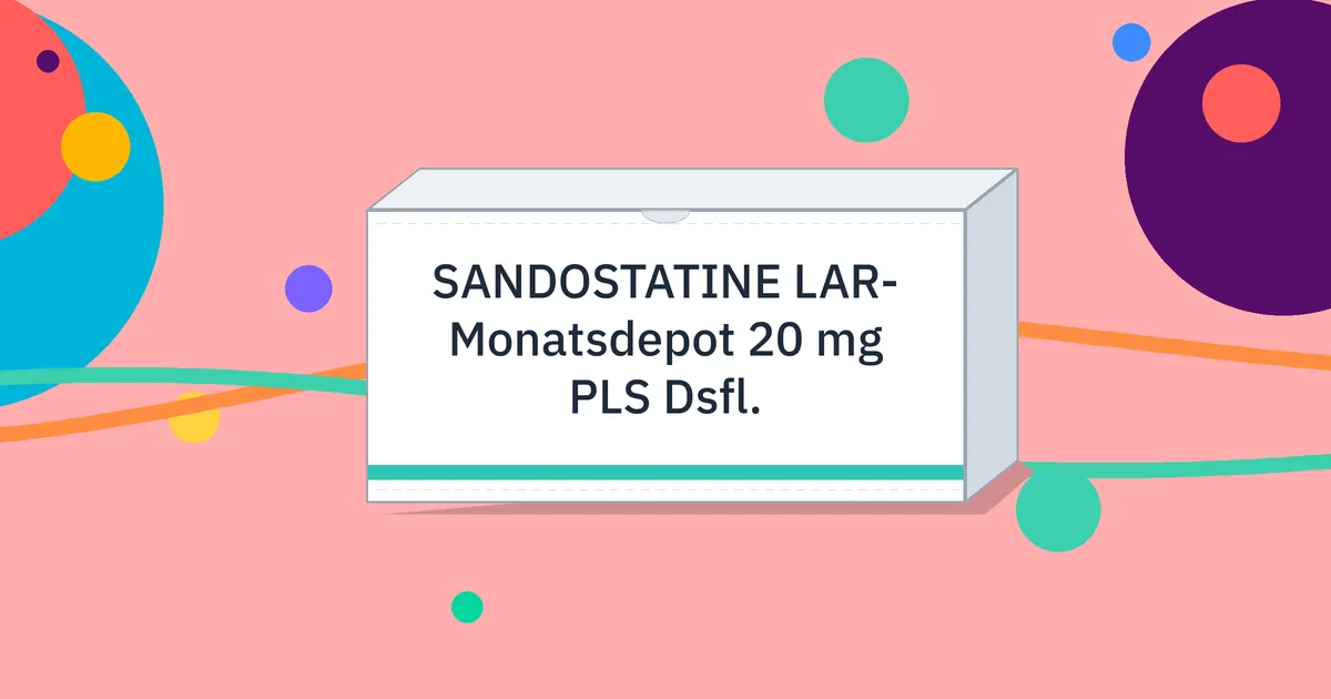 Symbolbild: Packung mit der Aufschrift SANDOSTATINE LAR-Monatsdepot 20 mg PLS Dsfl. (PZN 19261335) – Verfügbarkeit und Bezug in Apotheken in Frankfurt am Main