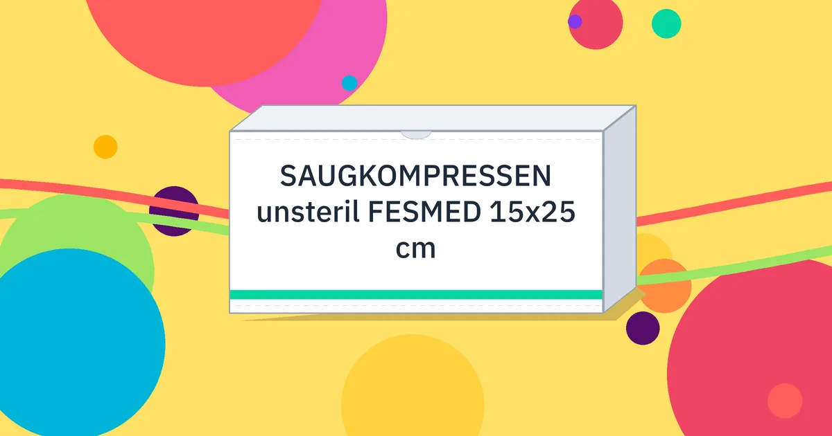 Symbolbild: Packung mit der Aufschrift SAUGKOMPRESSEN unsteril FESMED 15x25 cm (PZN 19231133) – Verfügbarkeit und Bezug in Apotheken in Frankfurt am Main