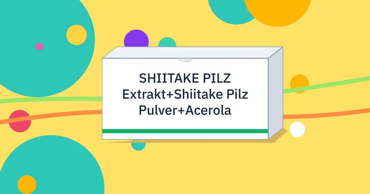 Symbolbild: Packung mit der Aufschrift SHIITAKE PILZ Extrakt+Shiitake Pilz Pulver+Acerola (PZN 10009002) – Verfügbarkeit und Bezug in Apotheken in Frankfurt am Main