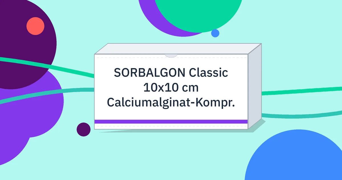 Symbolbild: Packung mit der Aufschrift SORBALGON Classic 10x10 cm Calciumalginat-Kompr. (PZN 05971961) – Verfügbarkeit und Bezug in Apotheken in Frankfurt am Main