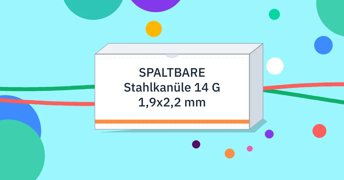 Symbolbild: Packung mit der Aufschrift SPALTBARE Stahlkanüle 14 G 1,9x2,2 mm (PZN 09446358) – Verfügbarkeit und Bezug in Apotheken in Frankfurt am Main
