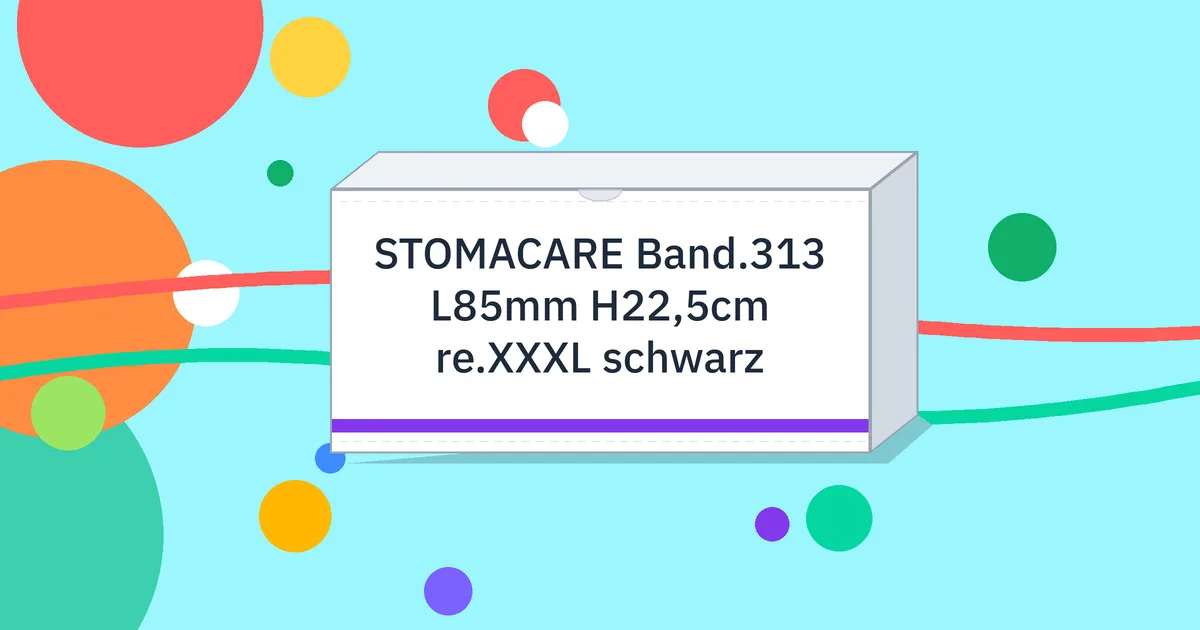 Symbolbild: Packung mit der Aufschrift STOMACARE Band.313 L85mm H22,5cm re.XXXL schwarz (PZN 10841692) – Verfügbarkeit und Bezug in Apotheken in Frankfurt am Main