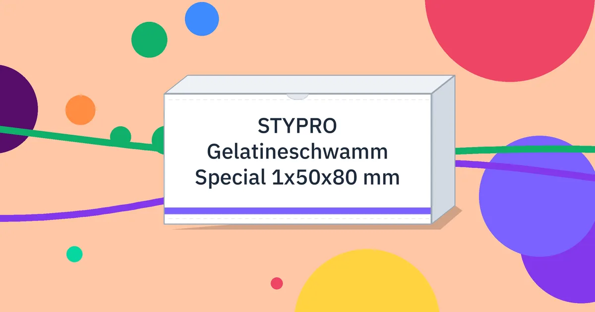 Symbolbild: Packung mit der Aufschrift STYPRO Gelatineschwamm Special 1x50x80 mm (PZN 00104219) – Verfügbarkeit und Bezug in Apotheken in Frankfurt am Main