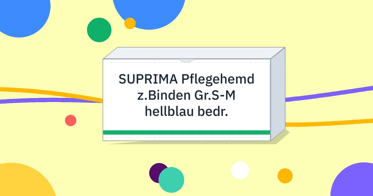 Symbolbild: Packung mit der Aufschrift SUPRIMA Pflegehemd z.Binden Gr.S-M hellblau bedr. (PZN 09785474) – Verfügbarkeit und Bezug in Apotheken in Frankfurt am Main