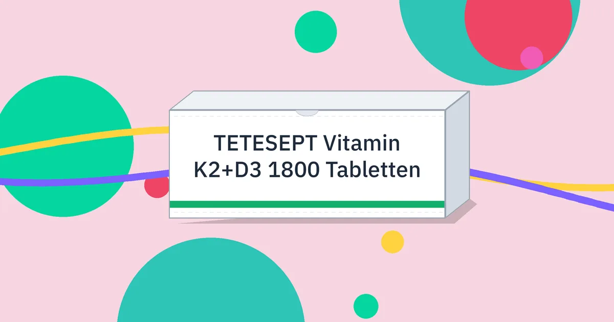 Symbolbild: Packung mit der Aufschrift TETESEPT Vitamin K2+D3 1800 Tabletten (PZN 15624769) – Verfügbarkeit und Bezug in Apotheken in Frankfurt am Main
