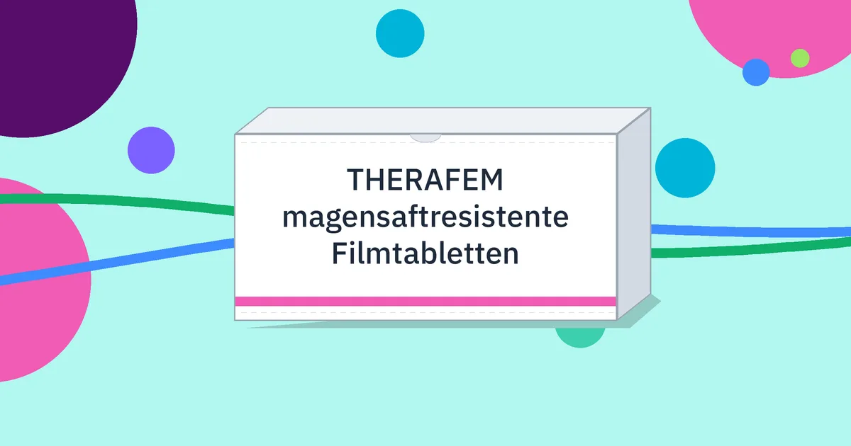 Symbolbild: Packung mit der Aufschrift THERAFEM magensaftresistente Filmtabletten (PZN 16018574) – Verfügbarkeit und Bezug in Apotheken in Frankfurt am Main
