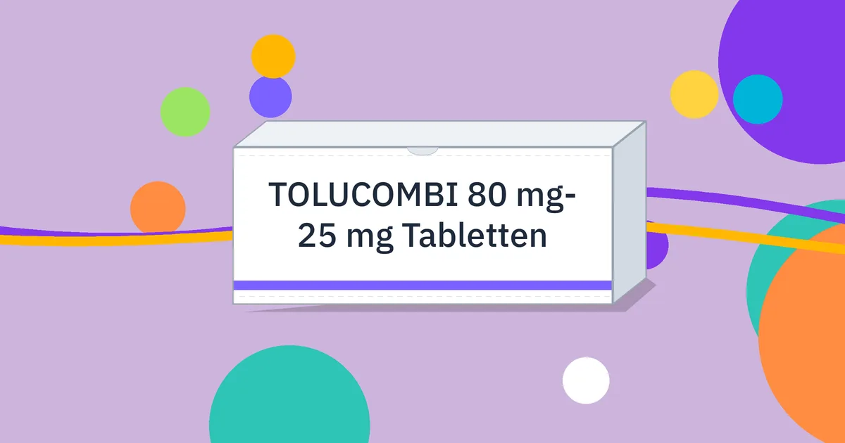 Symbolbild: Packung mit der Aufschrift TOLUCOMBI 80 mg-25 mg Tabletten (PZN 10299980) – Verfügbarkeit und Bezug in Apotheken in Frankfurt am Main