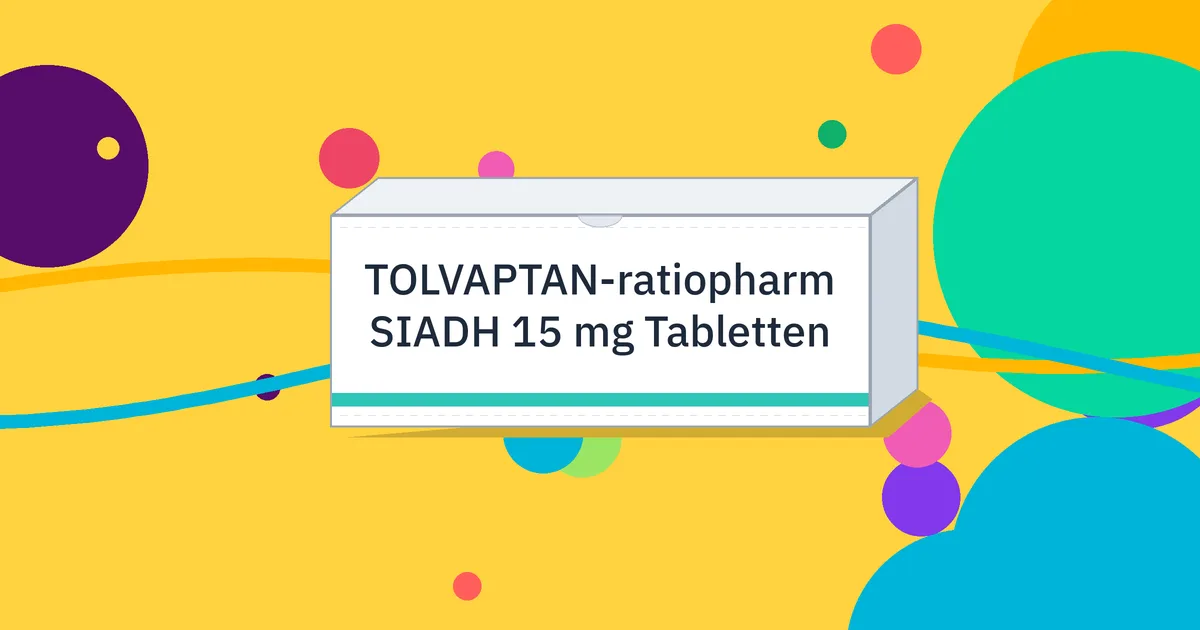 Symbolbild: Packung mit der Aufschrift TOLVAPTAN-ratiopharm SIADH 15 mg Tabletten (PZN 15821895) – Verfügbarkeit und Bezug in Apotheken in Frankfurt am Main