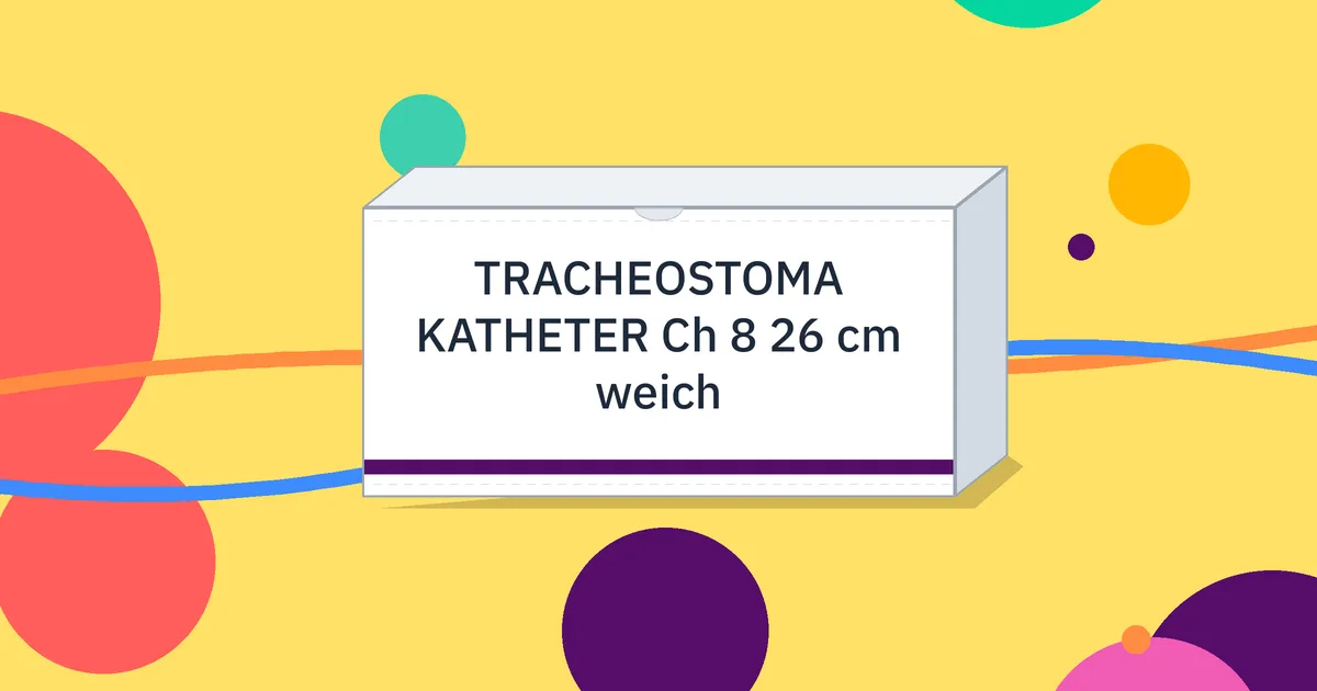 Symbolbild: Packung mit der Aufschrift TRACHEOSTOMA KATHETER Ch 8 26 cm weich (PZN 05385223) – Verfügbarkeit und Bezug in Apotheken in Frankfurt am Main
