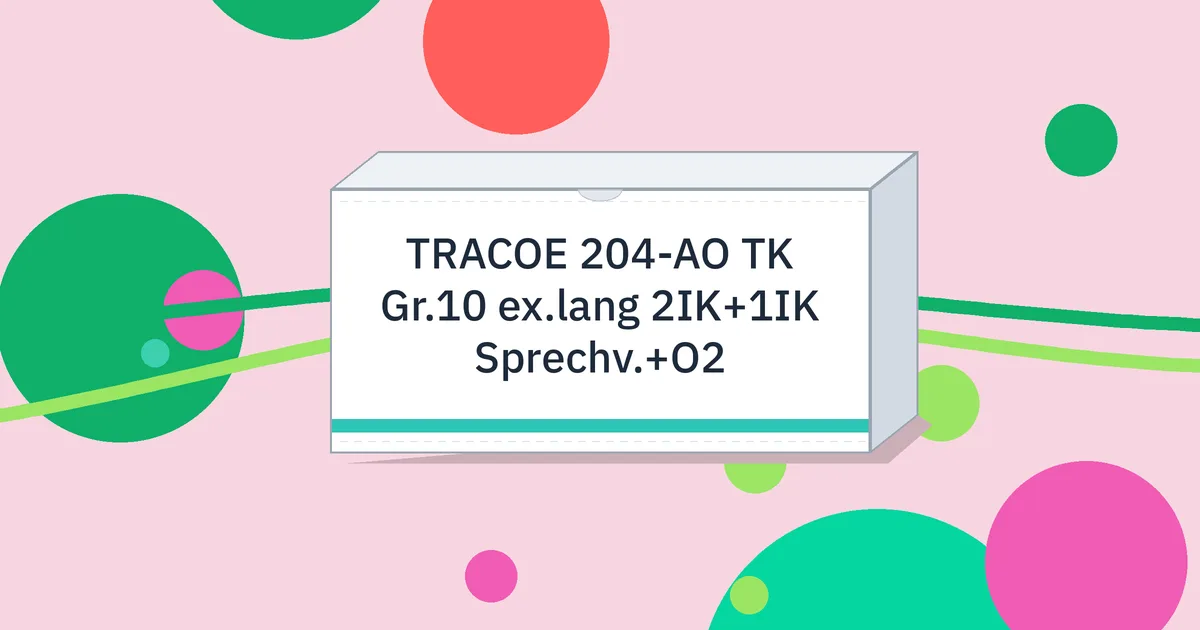 Symbolbild: Packung mit der Aufschrift TRACOE 204-AO TK Gr.10 ex.lang 2IK+1IK Sprechv.+O2 (PZN 17274144) – Verfügbarkeit und Bezug in Apotheken in Frankfurt am Main