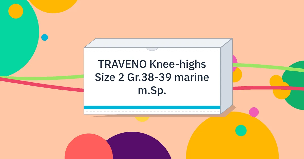 Symbolbild: Packung mit der Aufschrift TRAVENO Knee-highs Size 2 Gr.38-39 marine m.Sp. (PZN 17602789) – Verfügbarkeit und Bezug in Apotheken in Frankfurt am Main