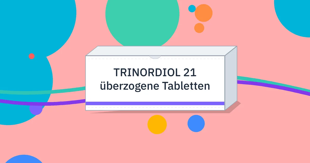Symbolbild: Packung mit der Aufschrift TRINORDIOL 21 überzogene Tabletten (PZN 08876476) – Verfügbarkeit und Bezug in Apotheken in Frankfurt am Main