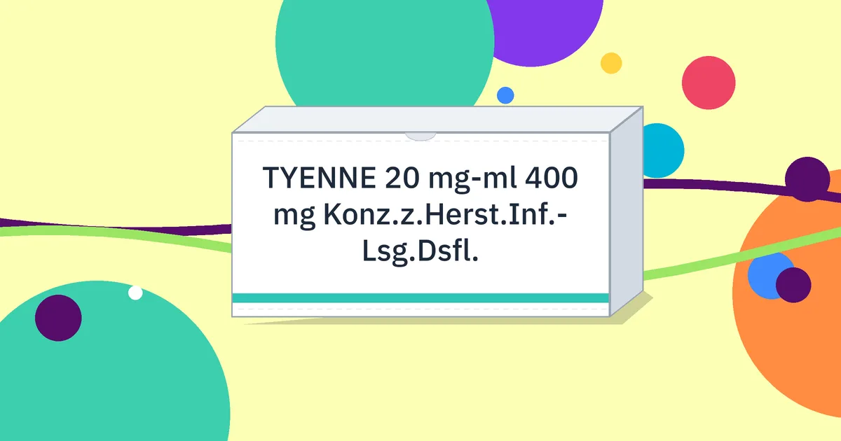 Symbolbild: Packung mit der Aufschrift TYENNE 20 mg-ml 400 mg Konz.z.Herst.Inf.-Lsg.Dsfl. (PZN 19533762) – Verfügbarkeit und Bezug in Apotheken in Frankfurt am Main