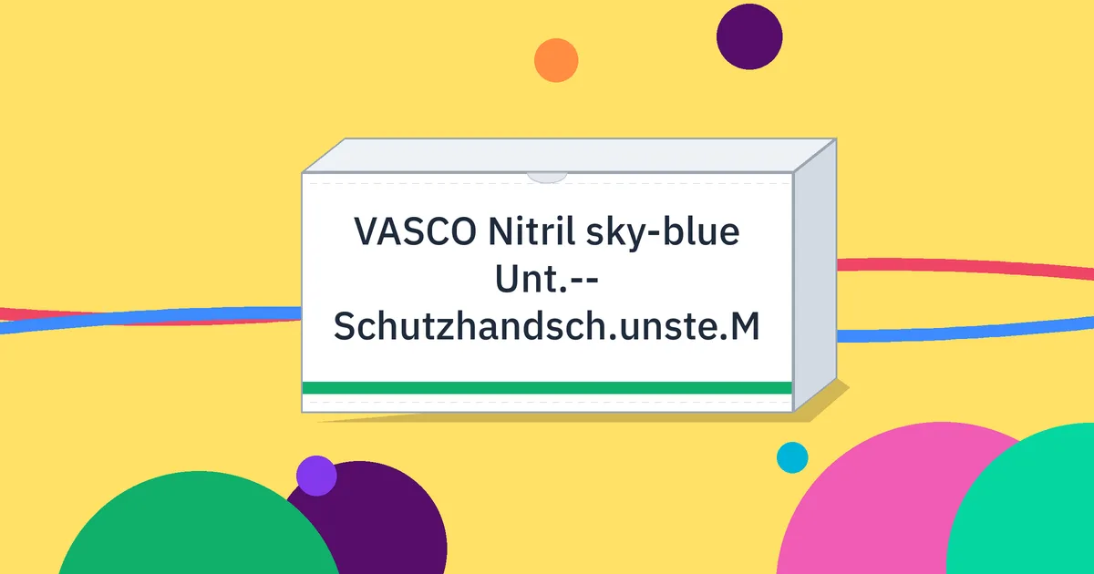 Symbolbild: Packung mit der Aufschrift VASCO Nitril sky-blue Unt.--Schutzhandsch.unste.M (PZN 18713976) – Verfügbarkeit und Bezug in Apotheken in Frankfurt am Main