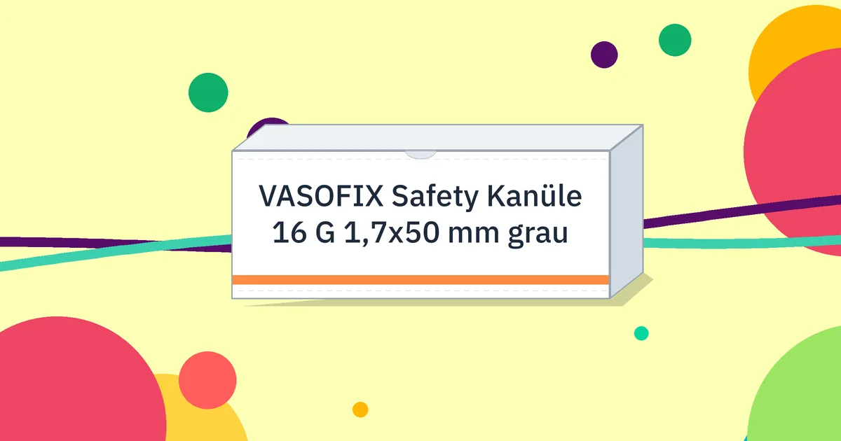 Symbolbild: Packung mit der Aufschrift VASOFIX Safety Kanüle 16 G 1,7x50 mm grau (PZN 01105942) – Verfügbarkeit und Bezug in Apotheken in Frankfurt am Main