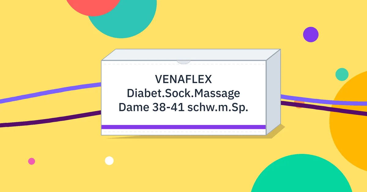 Symbolbild: Packung mit der Aufschrift VENAFLEX Diabet.Sock.Massage Dame 38-41 schw.m.Sp. (PZN 18309525) – Verfügbarkeit und Bezug in Apotheken in Frankfurt am Main