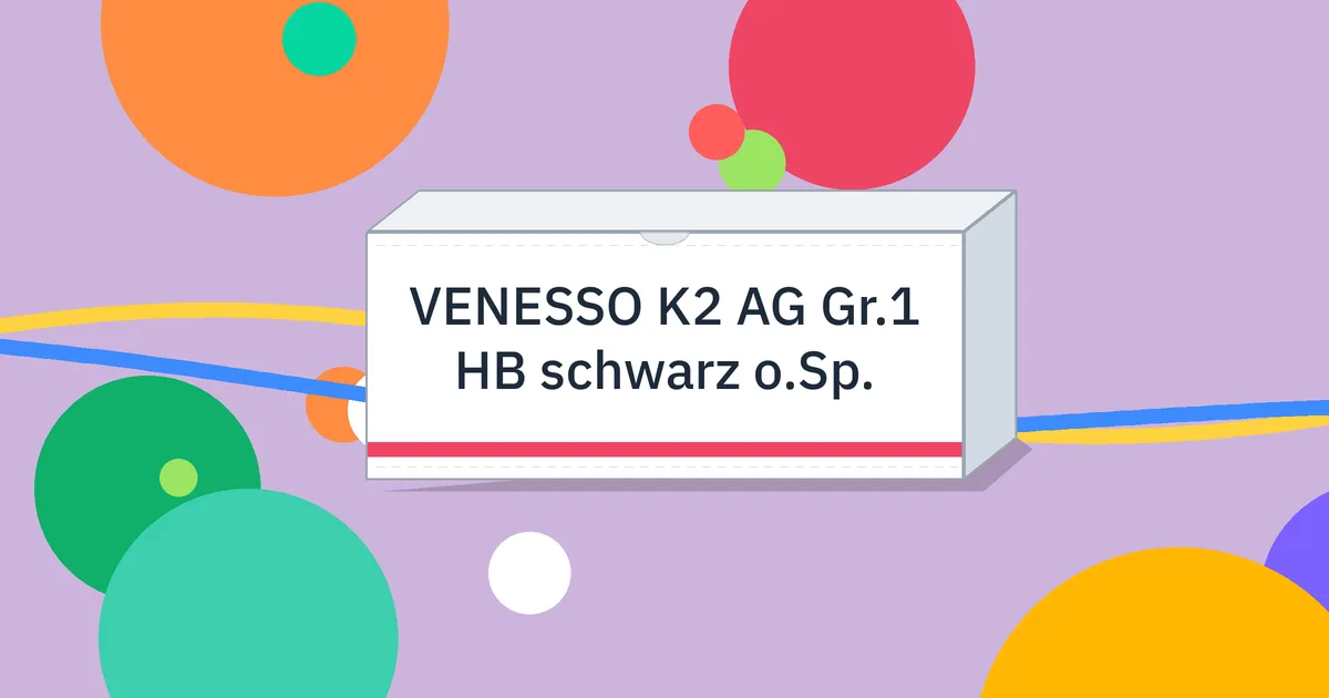 Symbolbild: Packung mit der Aufschrift VENESSO K2 AG Gr.1 HB schwarz o.Sp. (PZN 03265710) – Verfügbarkeit und Bezug in Apotheken in Frankfurt am Main