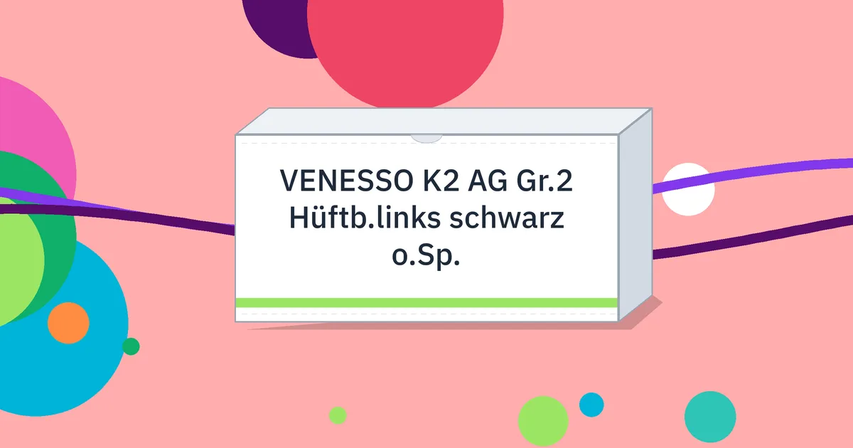 Symbolbild: Packung mit der Aufschrift VENESSO K2 AG Gr.2 Hüftb.links schwarz o.Sp. (PZN 03269228) – Verfügbarkeit und Bezug in Apotheken in Frankfurt am Main