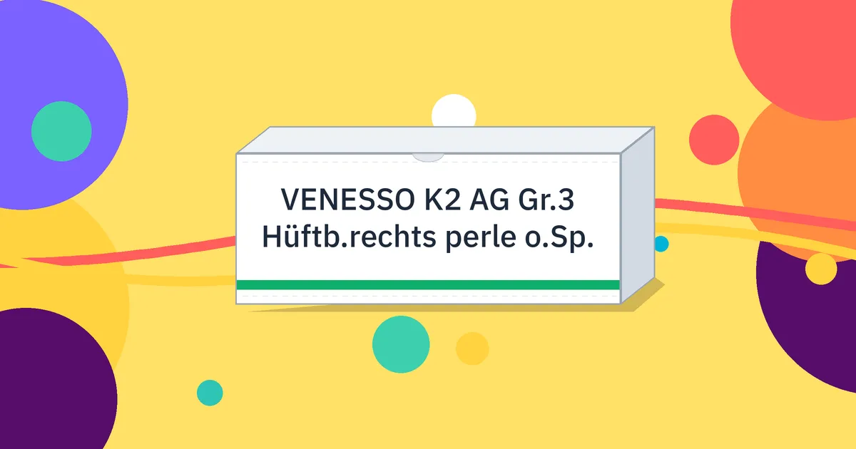 Symbolbild: Packung mit der Aufschrift VENESSO K2 AG Gr.3 Hüftb.rechts perle o.Sp. (PZN 03271811) – Verfügbarkeit und Bezug in Apotheken in Frankfurt am Main