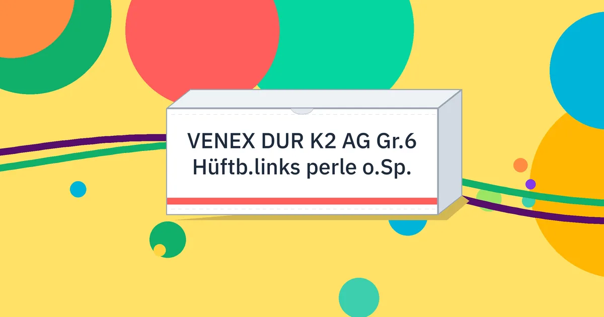 Symbolbild: Packung mit der Aufschrift VENEX DUR K2 AG Gr.6 Hüftb.links perle o.Sp. (PZN 03231220) – Verfügbarkeit und Bezug in Apotheken in Frankfurt am Main