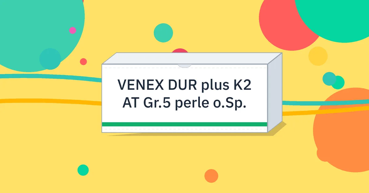 Symbolbild: Packung mit der Aufschrift VENEX DUR plus K2 AT Gr.5 perle o.Sp. (PZN 03234566) – Verfügbarkeit und Bezug in Apotheken in Frankfurt am Main