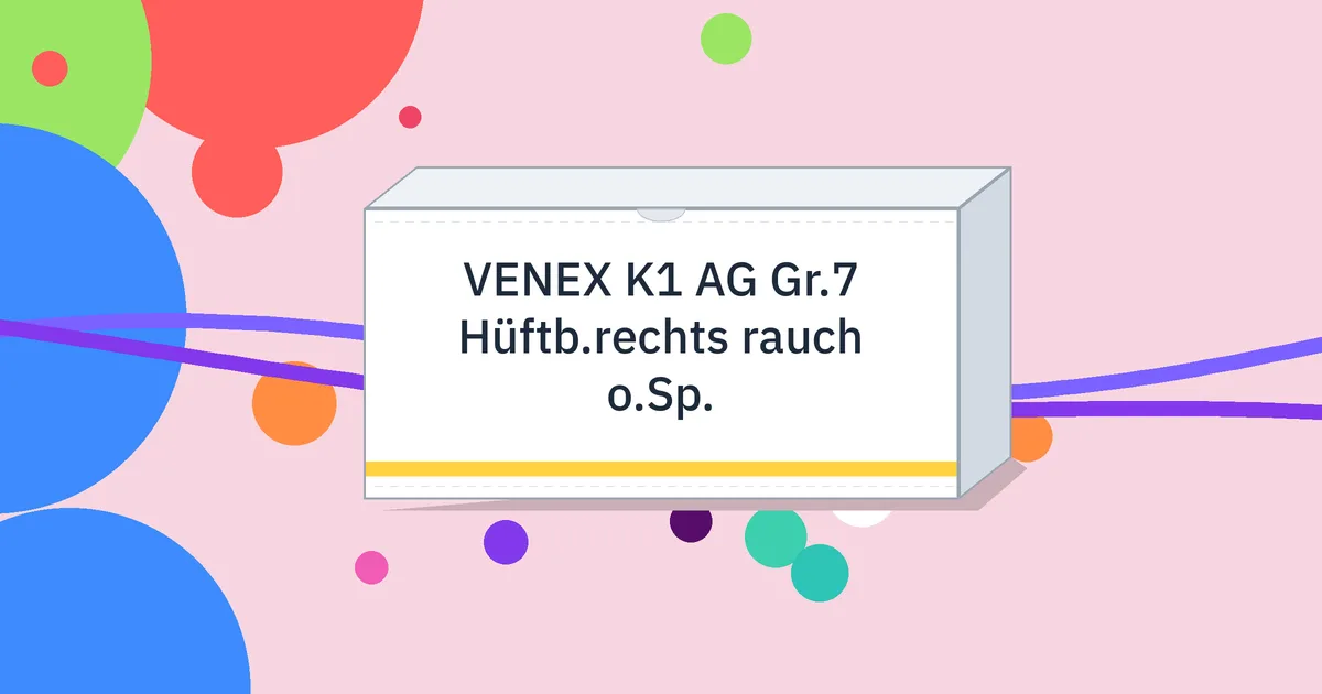 Symbolbild: Packung mit der Aufschrift VENEX K1 AG Gr.7 Hüftb.rechts rauch o.Sp. (PZN 03207279) – Verfügbarkeit und Bezug in Apotheken in Frankfurt am Main