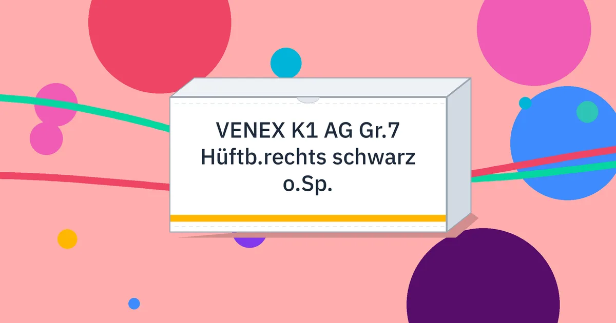 Symbolbild: Packung mit der Aufschrift VENEX K1 AG Gr.7 Hüftb.rechts schwarz o.Sp. (PZN 03208304) – Verfügbarkeit und Bezug in Apotheken in Frankfurt am Main